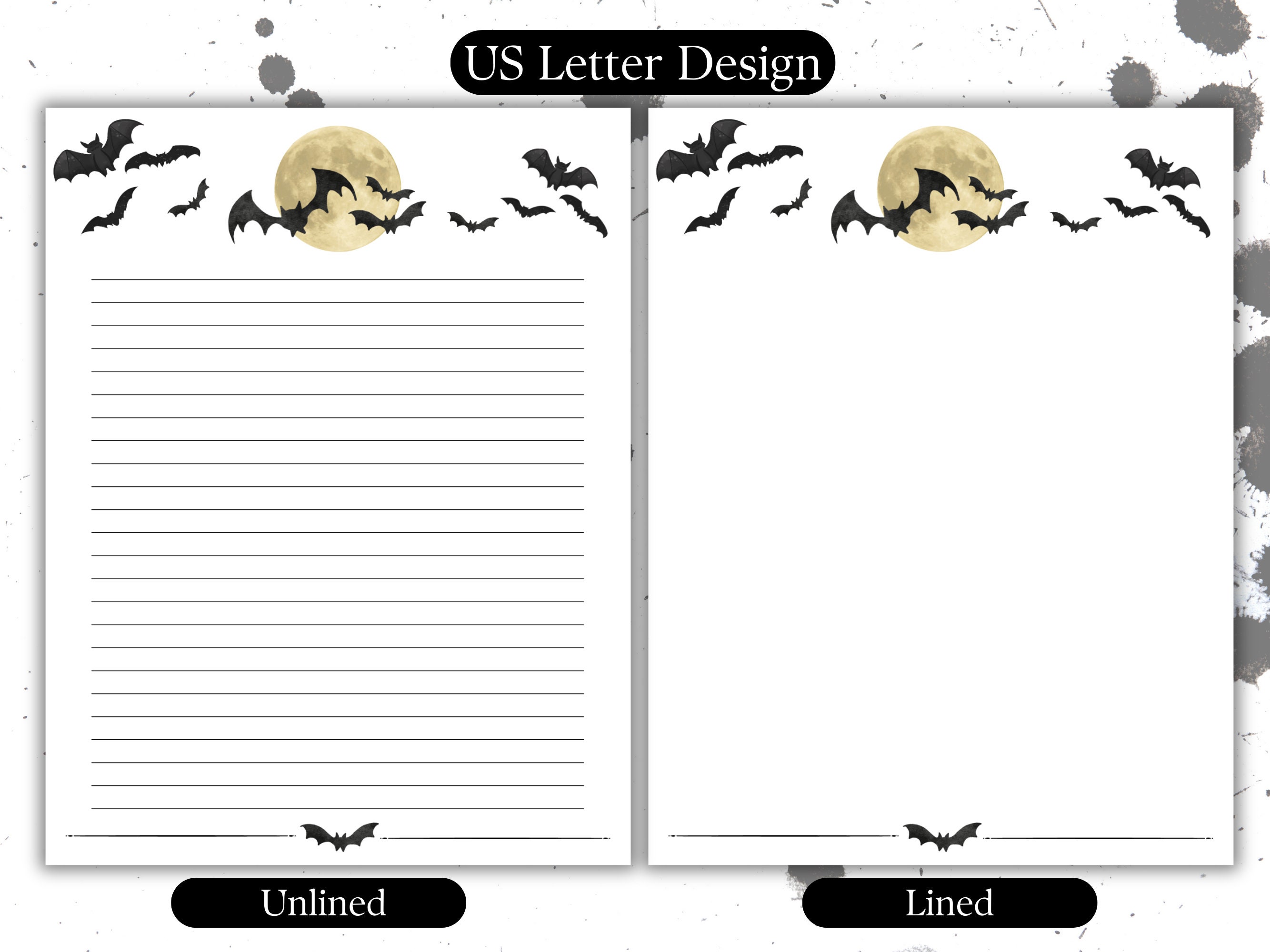 Bats and Full Moon Stationery Halloween Printable Stationery, A4 US ...