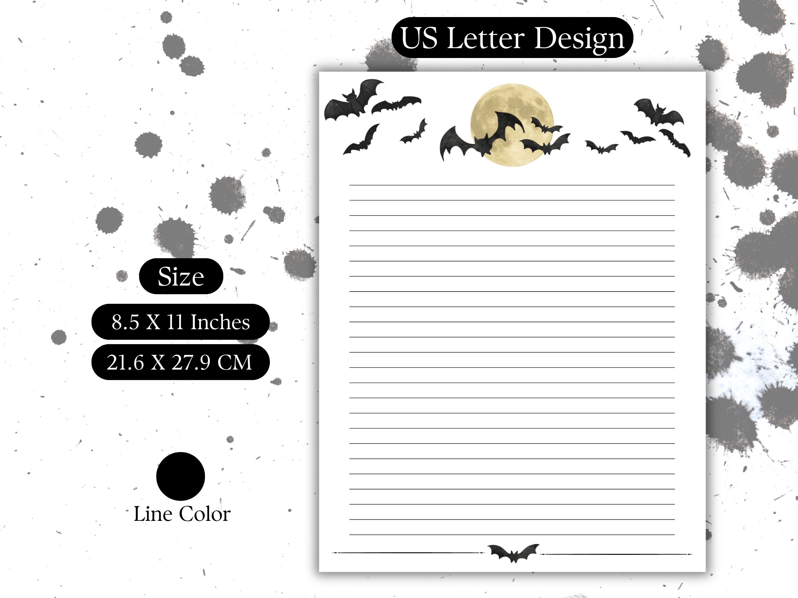 Bats and Full Moon Stationery Halloween Printable Stationery, A4 US ...