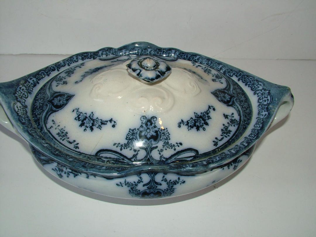 Antique Ceramic Flow Blue & White Pearl Ware Serving Tureen Dish ...