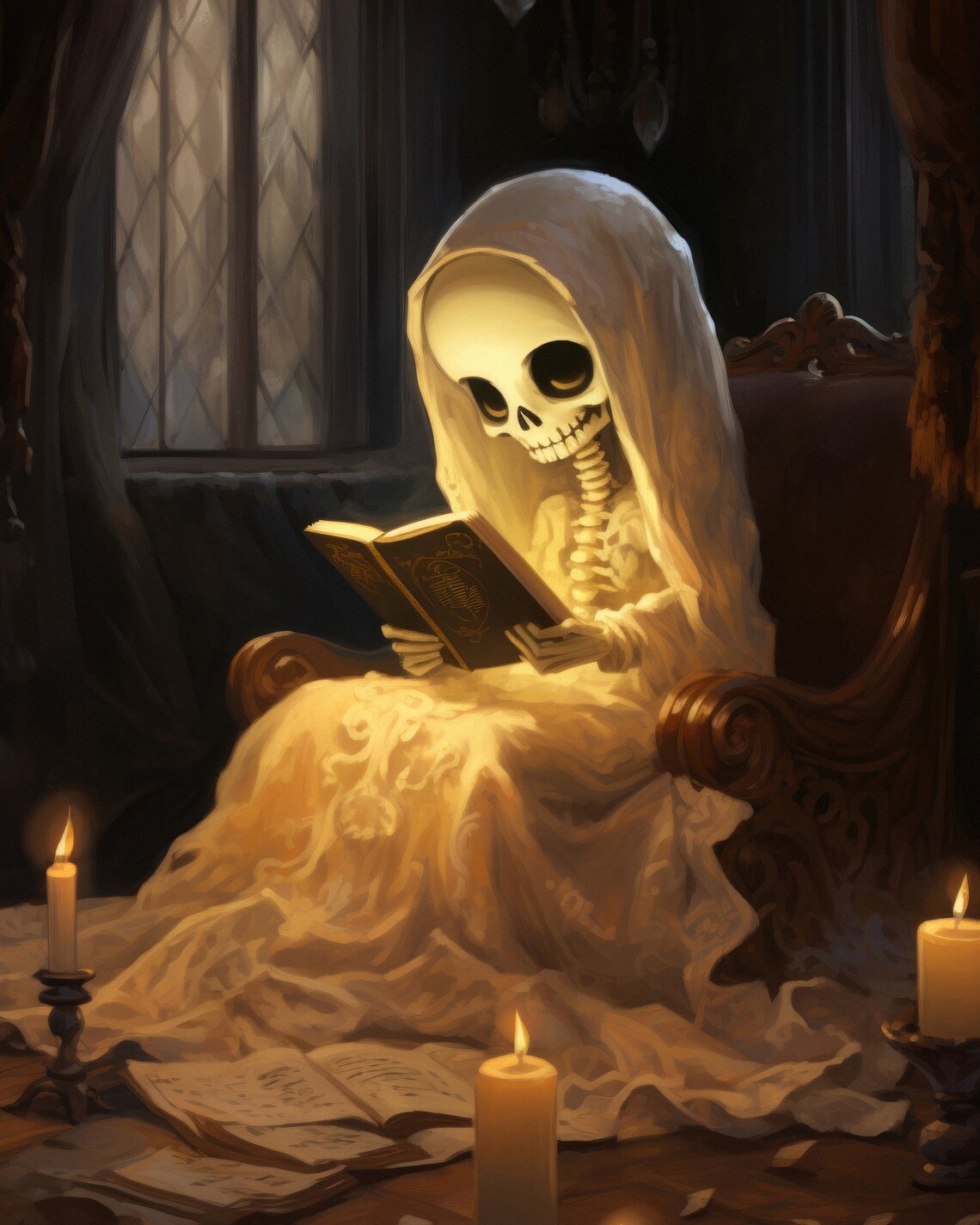 Cute Skeleton Printable Art, Skeleton Reading by Candlelight, Halloween ...