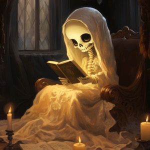 Cute Skeleton Printable Art, Skeleton Reading by Candlelight, Halloween ...