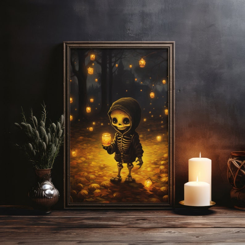 Cute Skeleton Printable Art, Skeleton With Ghostly Lights, Halloween ...