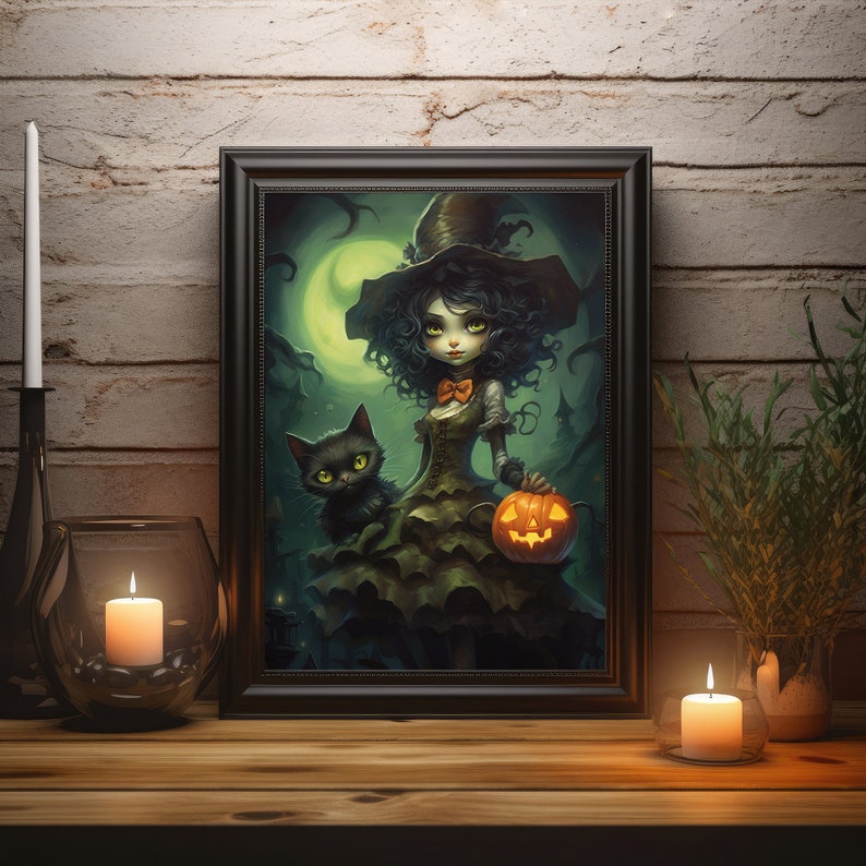 Cute Witch Printable Art, Witch With Her Cat, Halloween Wall Art, Cute ...