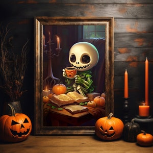 Cute Skeleton Printable Art, Skeleton Drinking Coffee, Halloween Wall ...