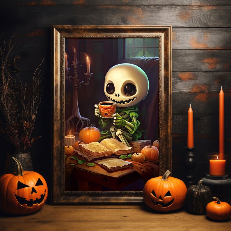 Cute Skeleton Printable Art, Skeleton Drinking Coffee, Halloween Wall ...