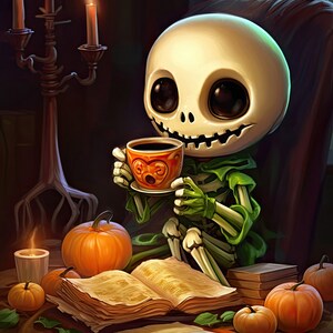 Cute Skeleton Printable Art, Skeleton Drinking Coffee, Halloween Wall ...