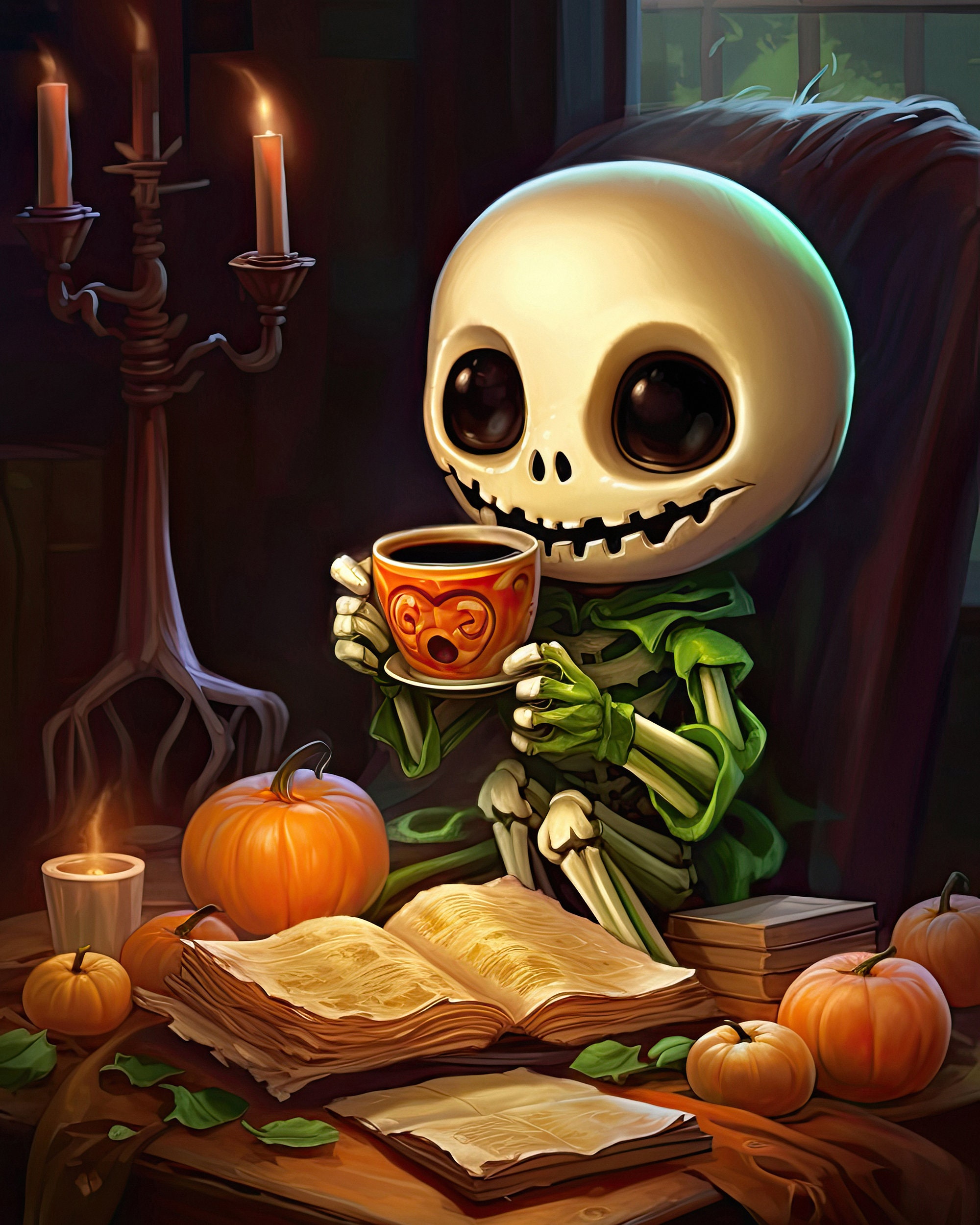 Cute Skeleton Printable Art, Skeleton Drinking Coffee, Halloween Wall ...