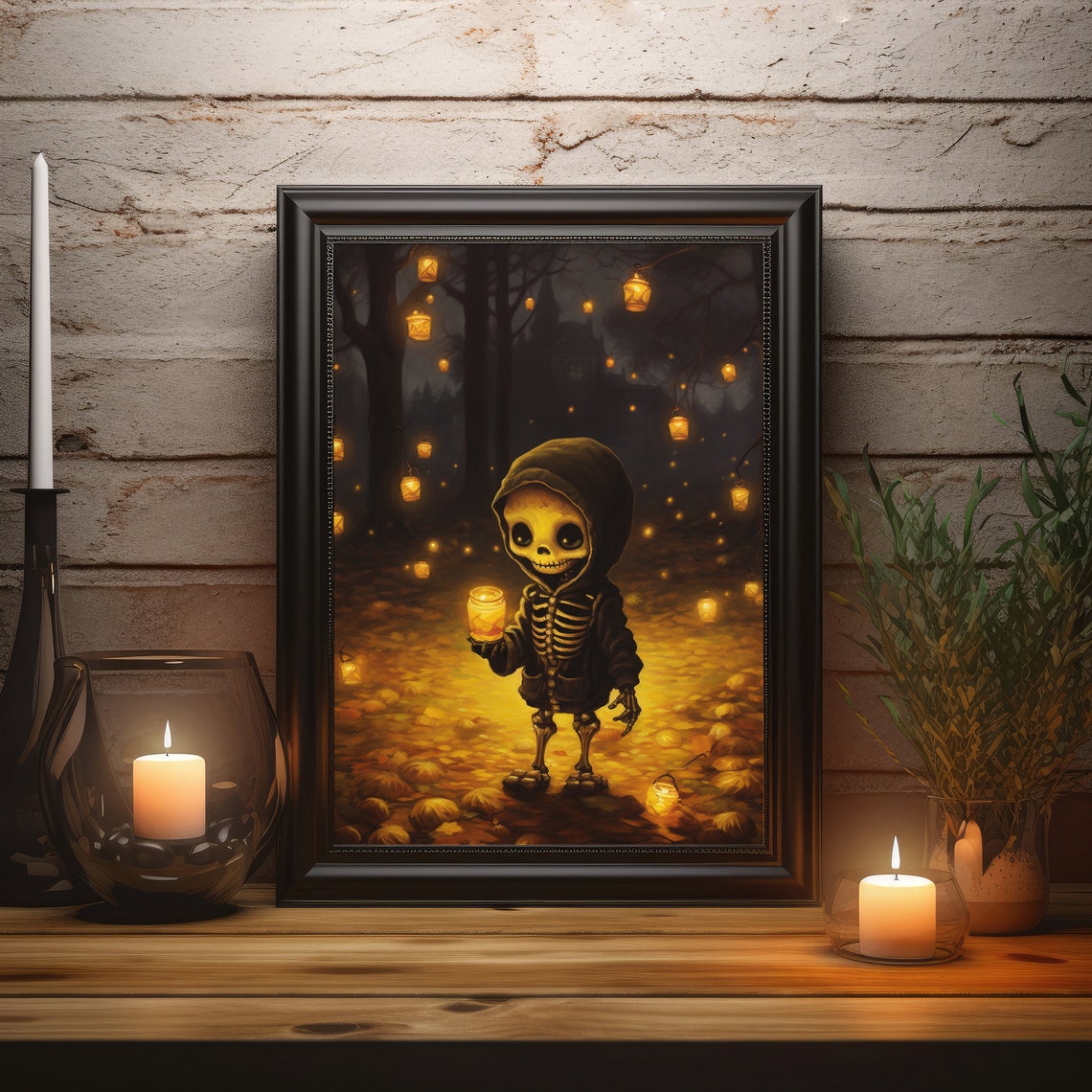 Cute Skeleton Printable Art, Skeleton With Ghostly Lights, Halloween ...