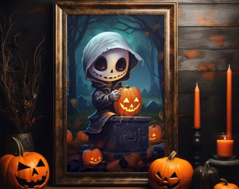 Cute Skeleton Printable Art, Skeleton Reading by Candlelight, Halloween ...