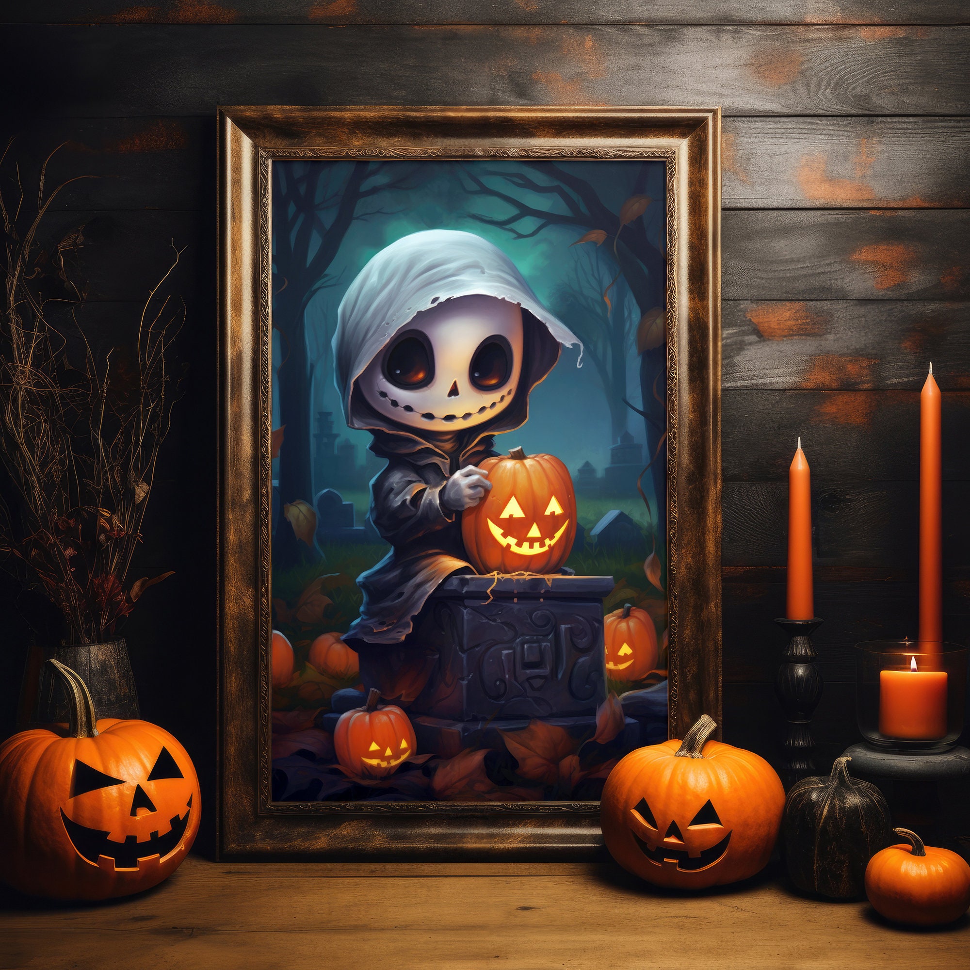 Cute Skeleton Printable Art, Skeleton With a Pumpkin, Halloween Wall ...