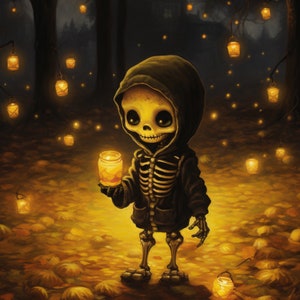 Cute Skeleton Printable Art, Skeleton With Ghostly Lights, Halloween ...
