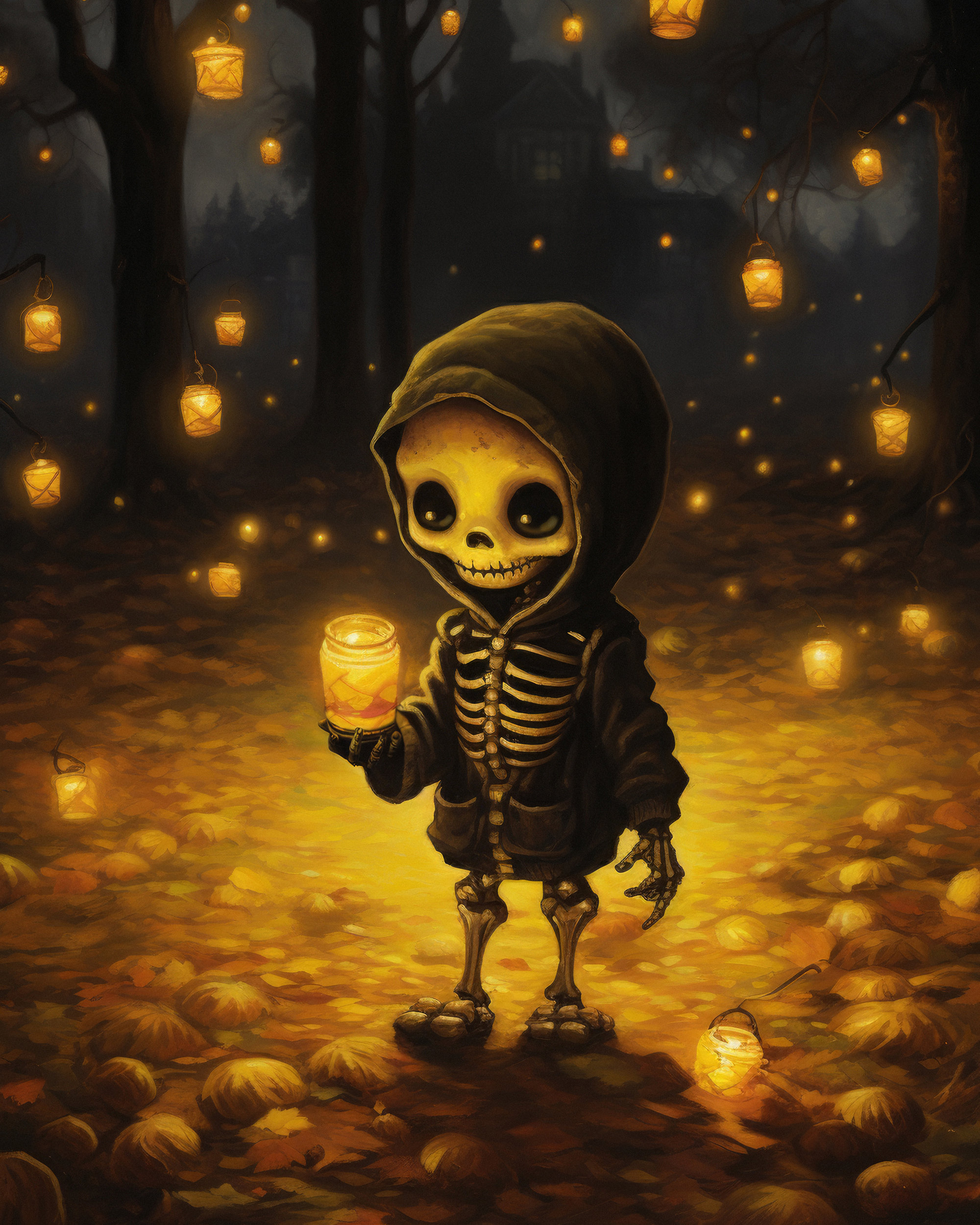 Cute Skeleton Printable Art, Skeleton With Ghostly Lights, Halloween ...
