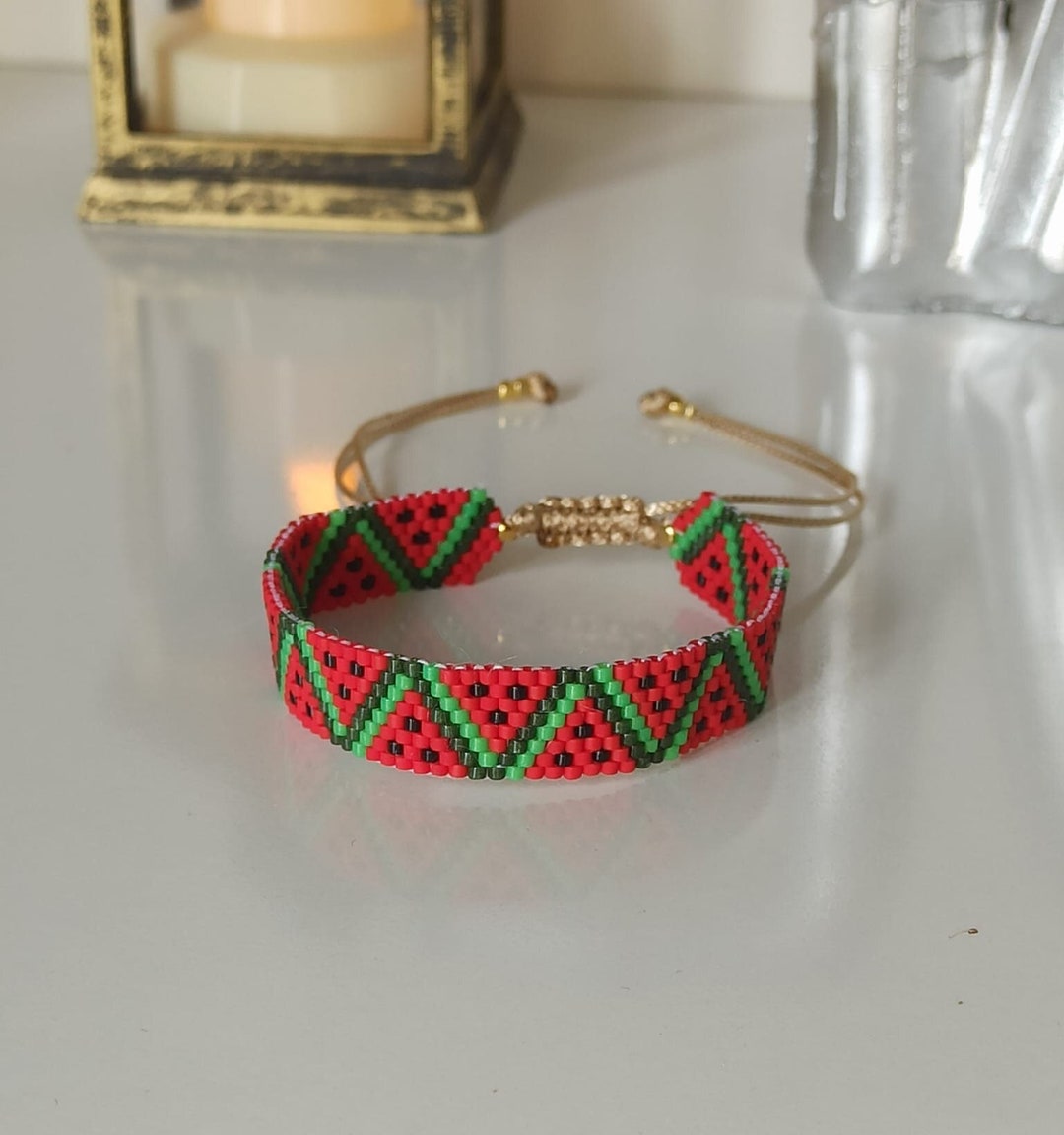 Watermelon Bracelet: Handwoven Miyuki Seed Bead Unisex Jewelry ...