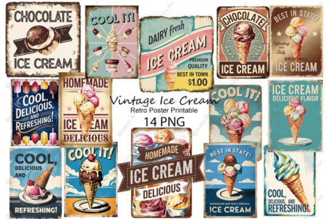 Vintage Ice Cream Retro Poster Printable Wall Art Decor Ice Cream Lover ...
