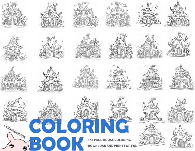 55 Fairy Homes Coloring Book, Adults Kids Instant Download grayscale ...