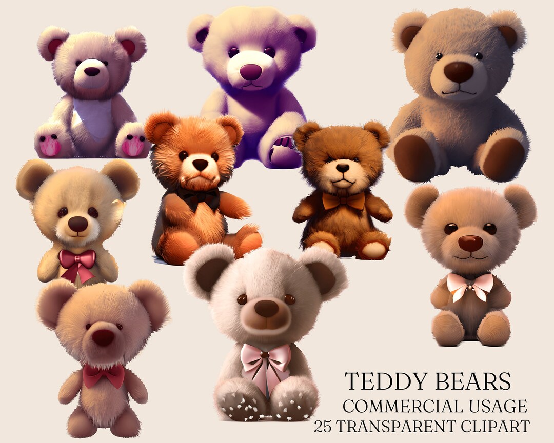 Cute Teddy Bears Clip Art Bundle, Transparent PNG Set of 25 Teddies ...