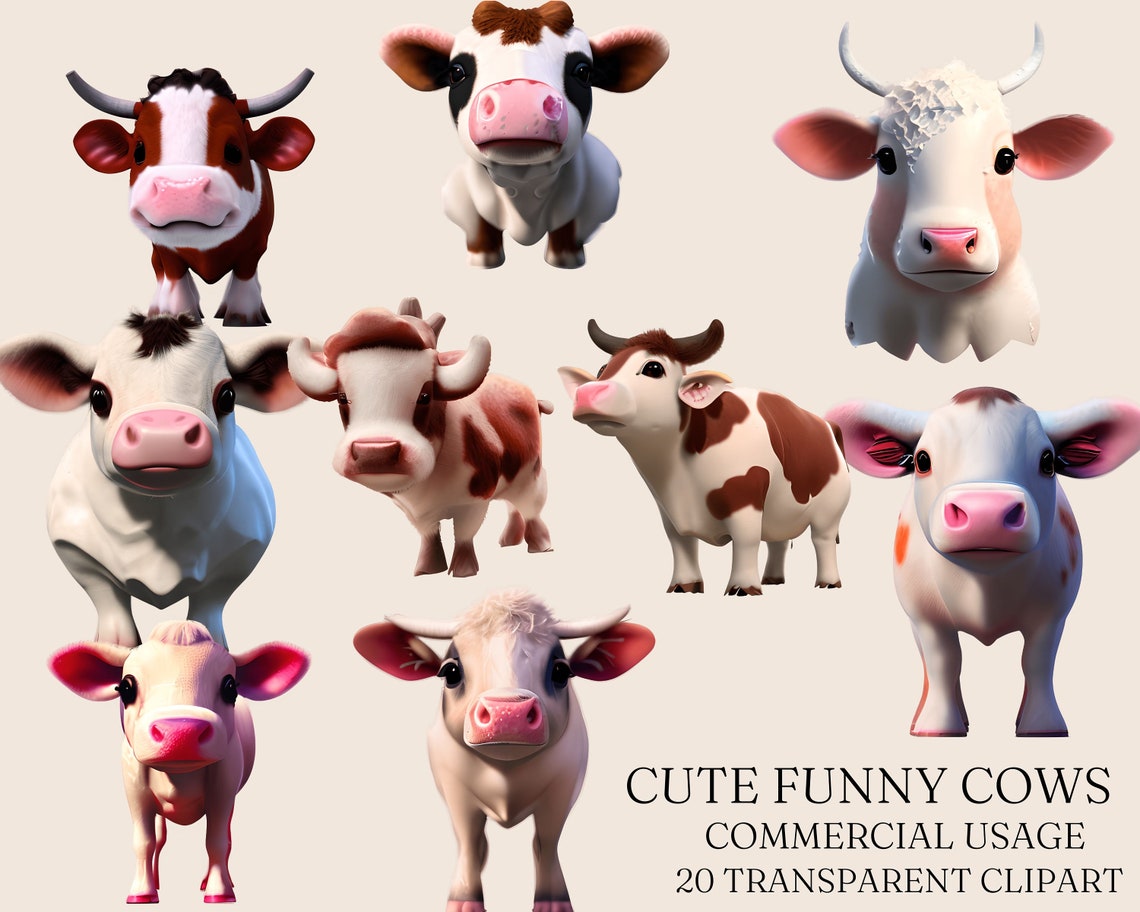 Cute Cows Clip Art Bundle, Transparent PNG Set of 20 Funny Cows ...