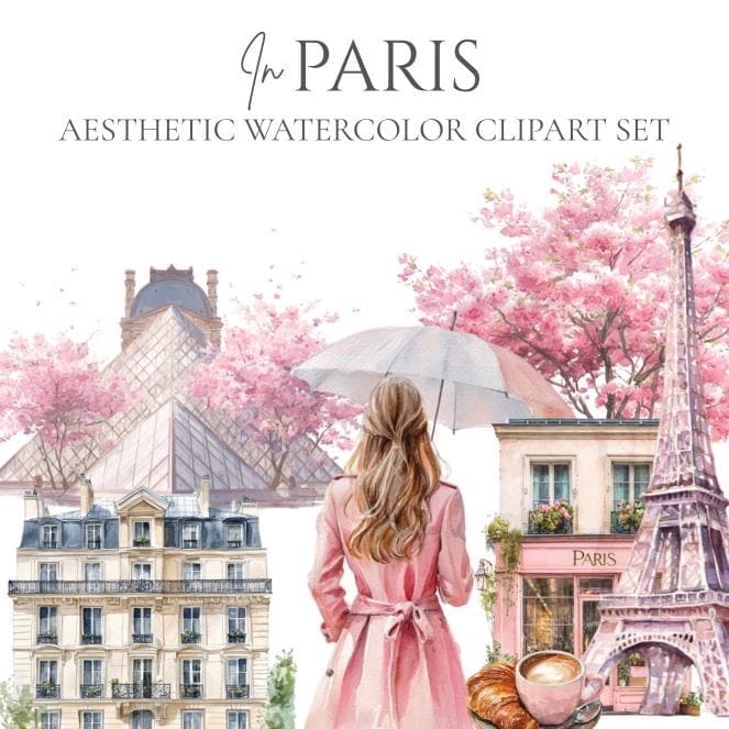 Paris Watercolor Clipart Bundle: Eiffel Tower, Croissant, Floral Pngs ...