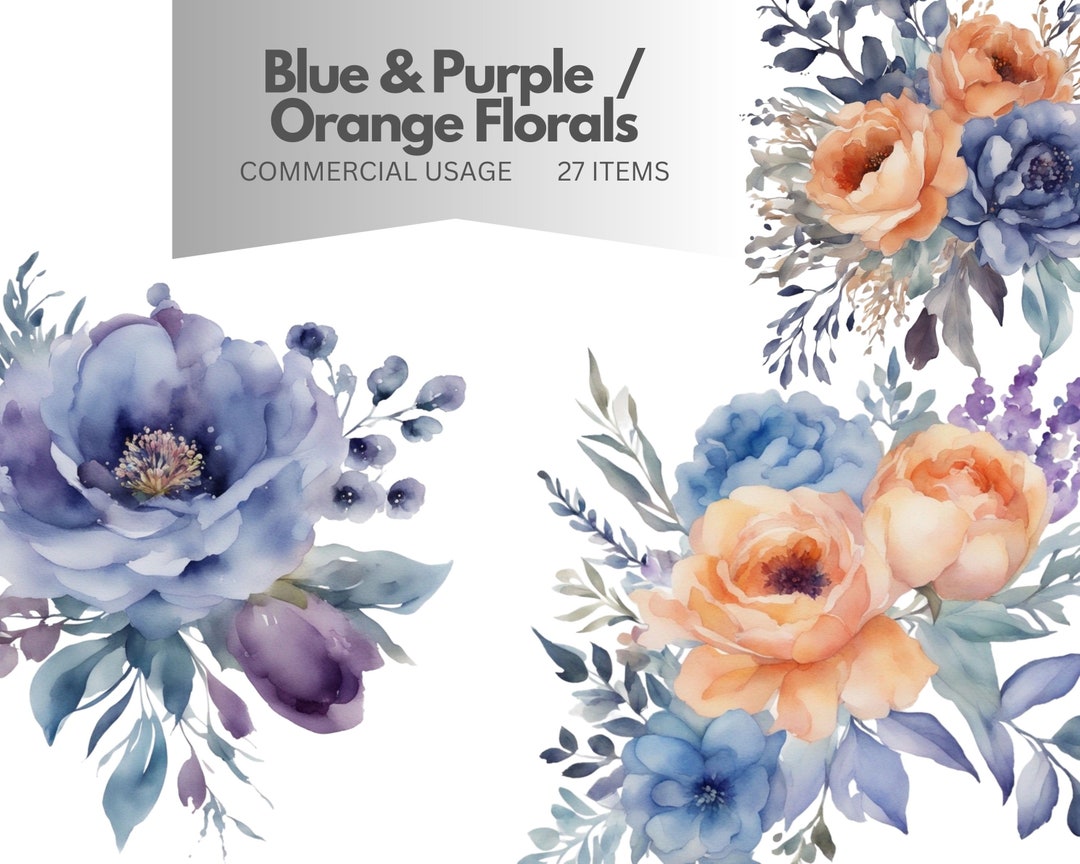 16 Watercolor Flowers Clipart Set - Floral Blue and Purple Orange ...