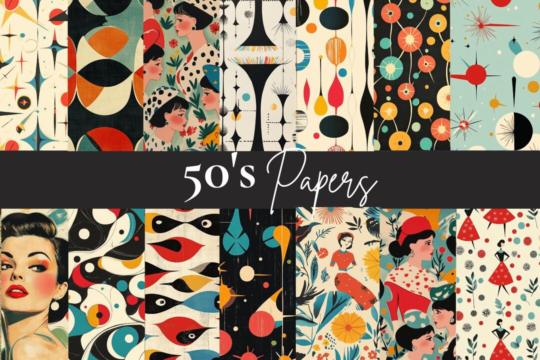 Retro 50s Digital Paper Pack: Mid-century Modern Patterns (instant ...