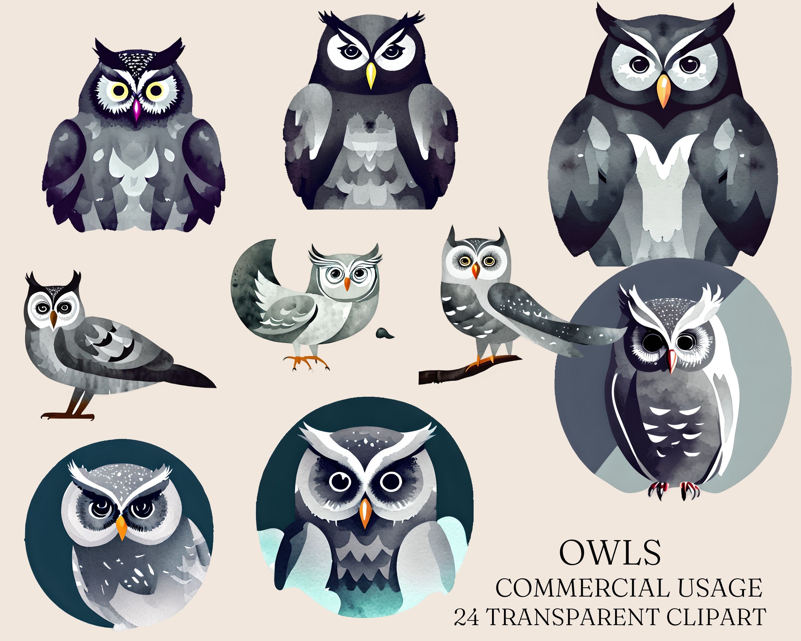 Gray Owl On Branch Clip Art