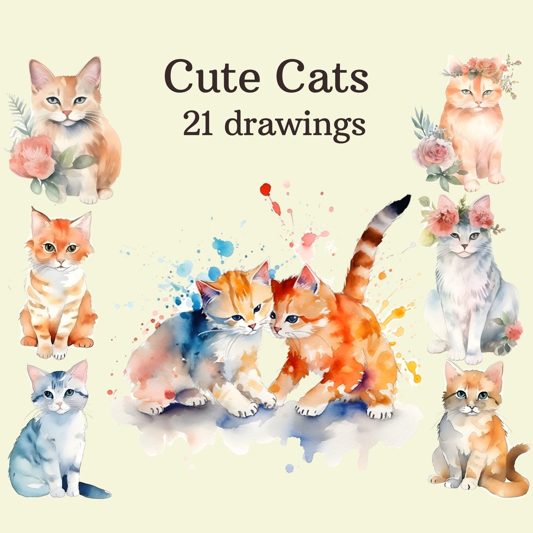 Watercolor Cats Clipart, Cute Love, Cats Clipart, Cute Cats, Cats Art ...
