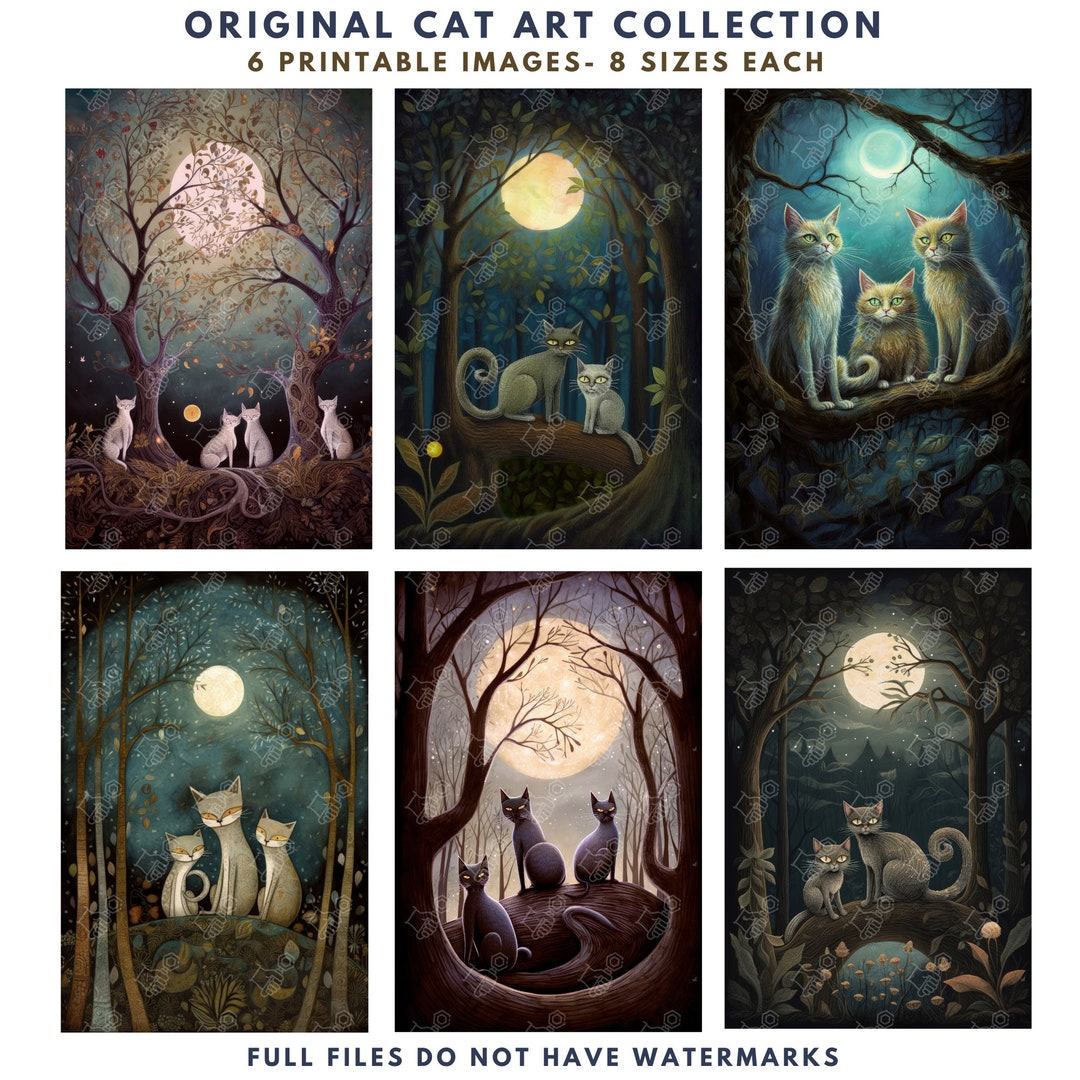 Moon Cats Digital & Printable Wall Art set of 6 Unique Cat Gifts Cat ...