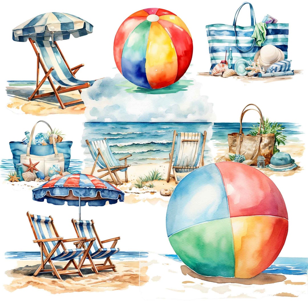 Beach Day Watercolor Clipart 20 High Quality Pngs Digital - Etsy