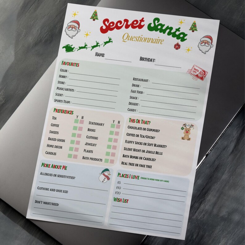 Secret Santa Questionnaire Printable, Christmas Gift Exchange Survey ...