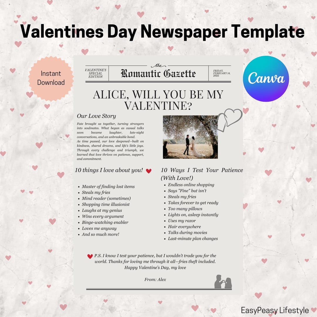 Valentine’s Day Newspaper Template, Custom Printable Cupid Post ...