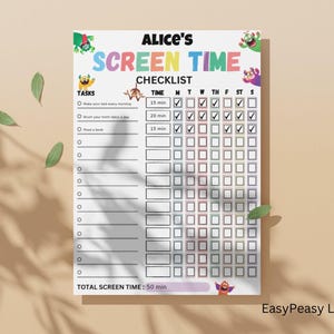 Earn Screen Time, Printable Kids Screen Time Checklist, Editable Screen ...