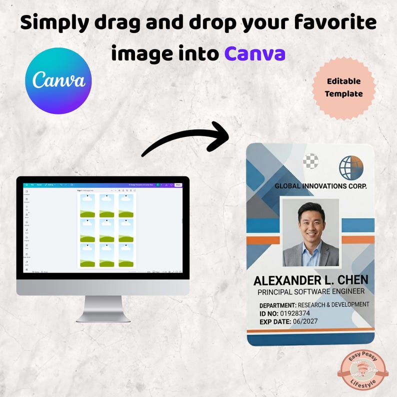ID Badge Template Canva, Editable Employee ID Card, Printable School ...