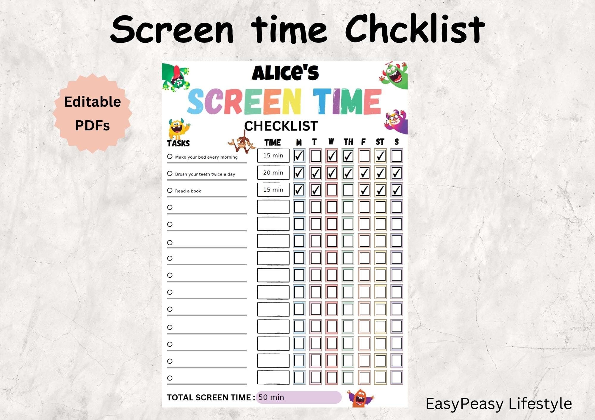 Earn Screen Time, Printable Kids Screen Time Checklist, Editable Screen ...