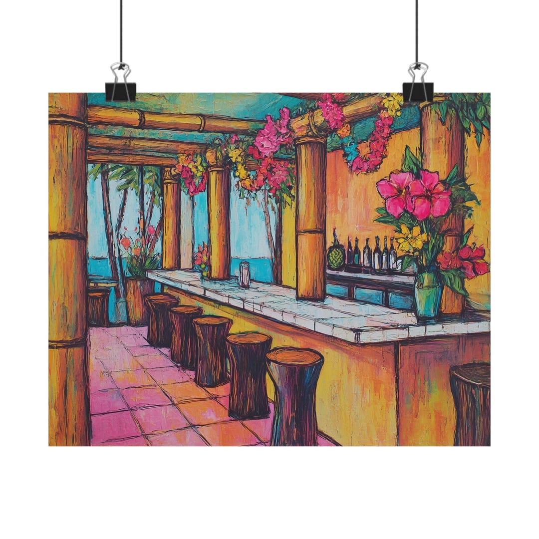 Tropical Tree Stump Bar Art Print – Vibrant Tiki Bar Painting, Textured ...