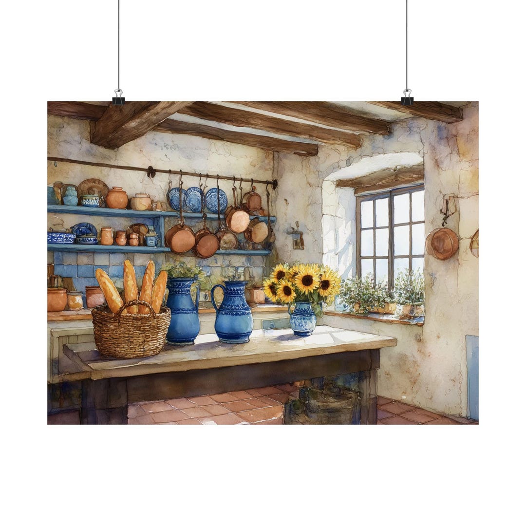 French Provincial Kitchen Art Print: Rustic Watercolor Sunflowers ...