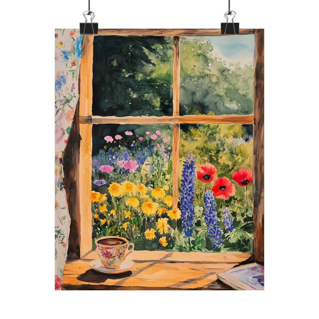 Flower Garden Window Art Print | Watercolor Cottage View Painting ...