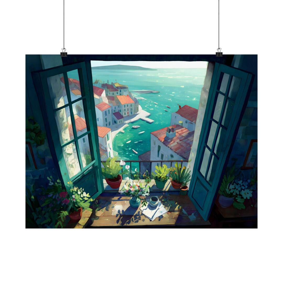 Mediterranean Harbor Art Print: Sunlit Coastal Village Window View ...