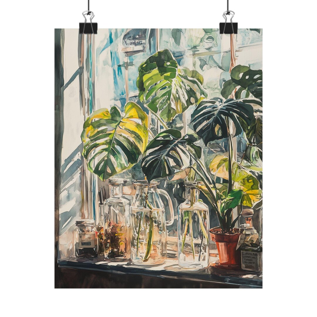 Monstera Window Art Print | Sunny Plant Shelf Decor | Glass Jars Still ...