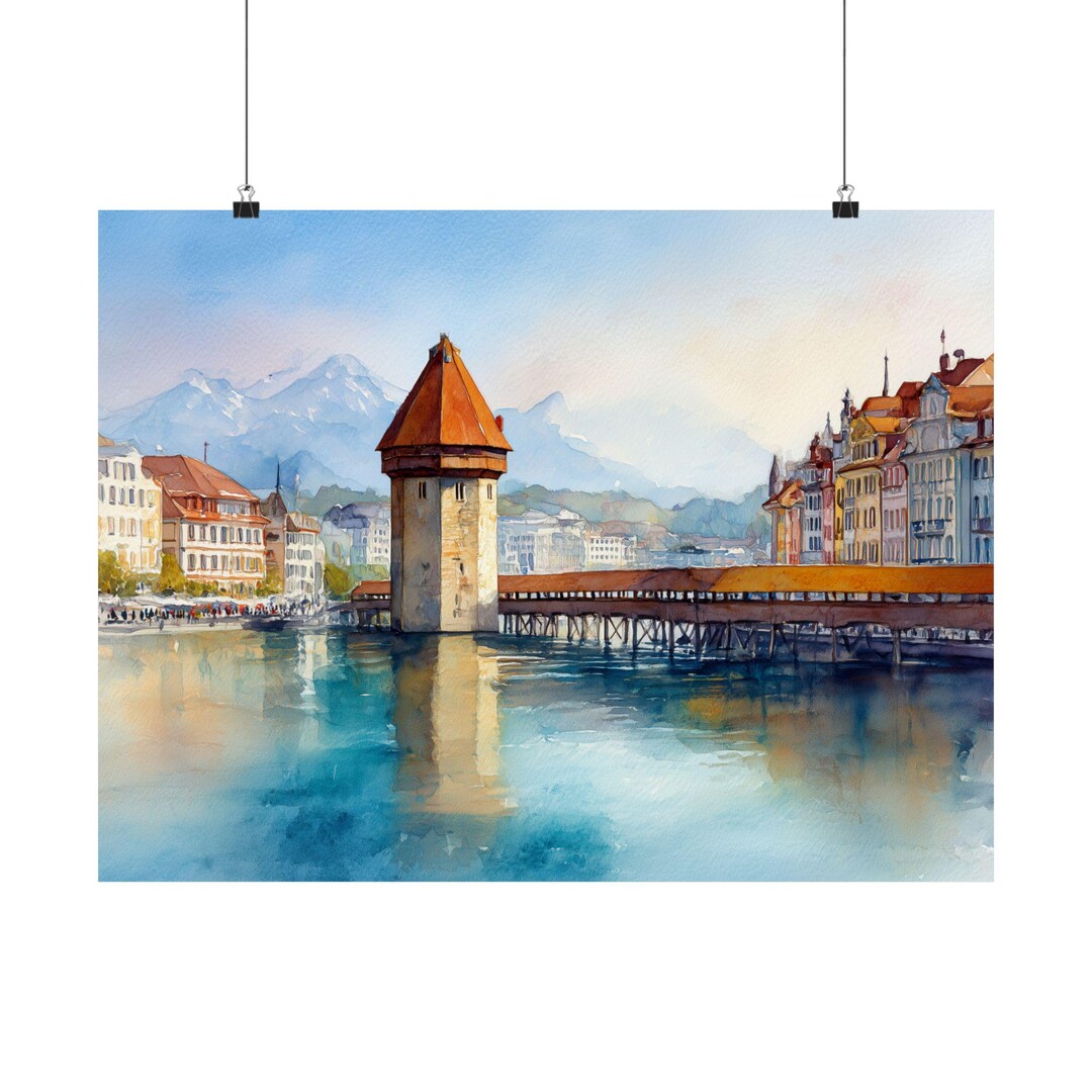 Lucerne Art Print: Chapel Bridge Watercolor, Switzerland Lake House ...