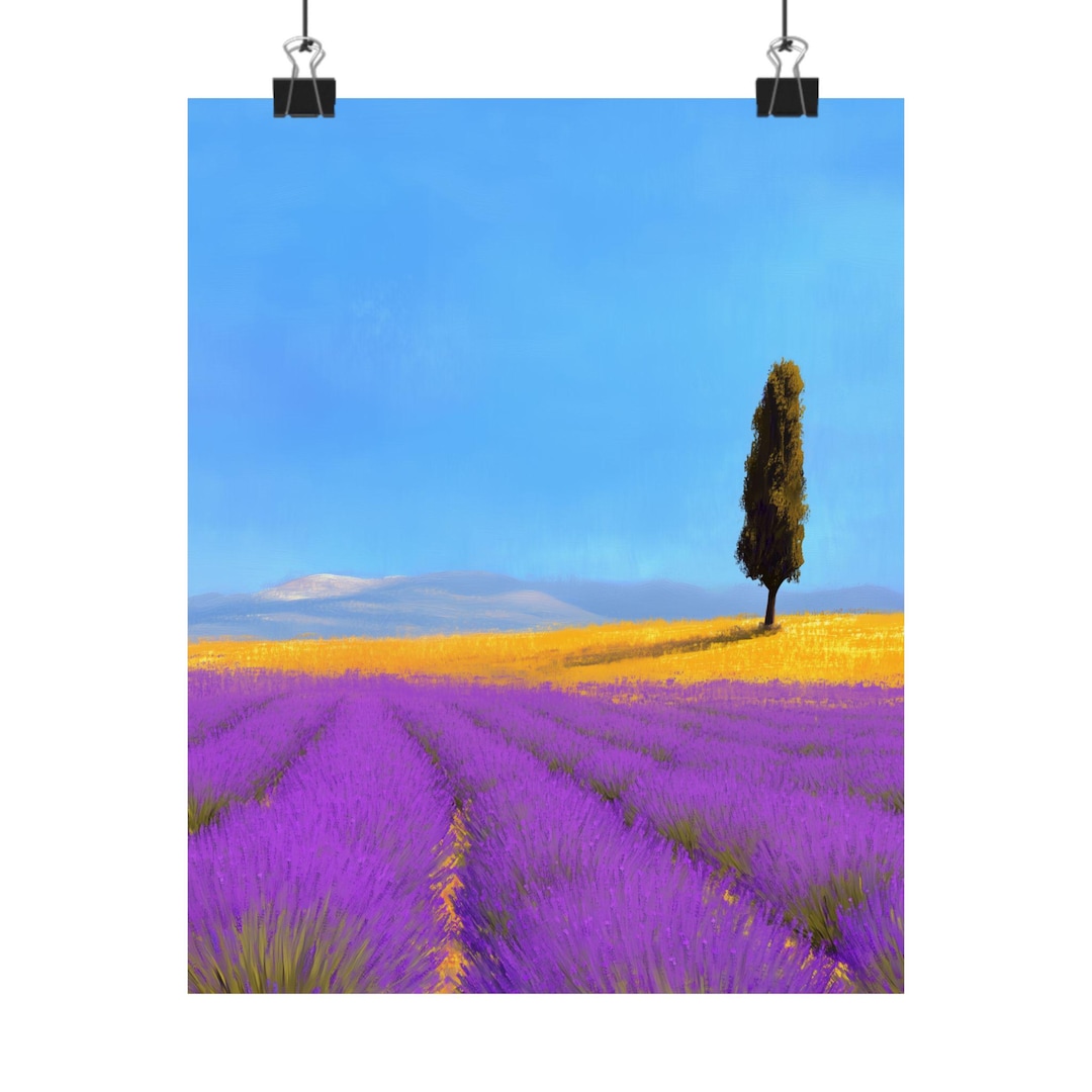 Provence Lavender Field Art Print | Single Cypress Tree Painting ...