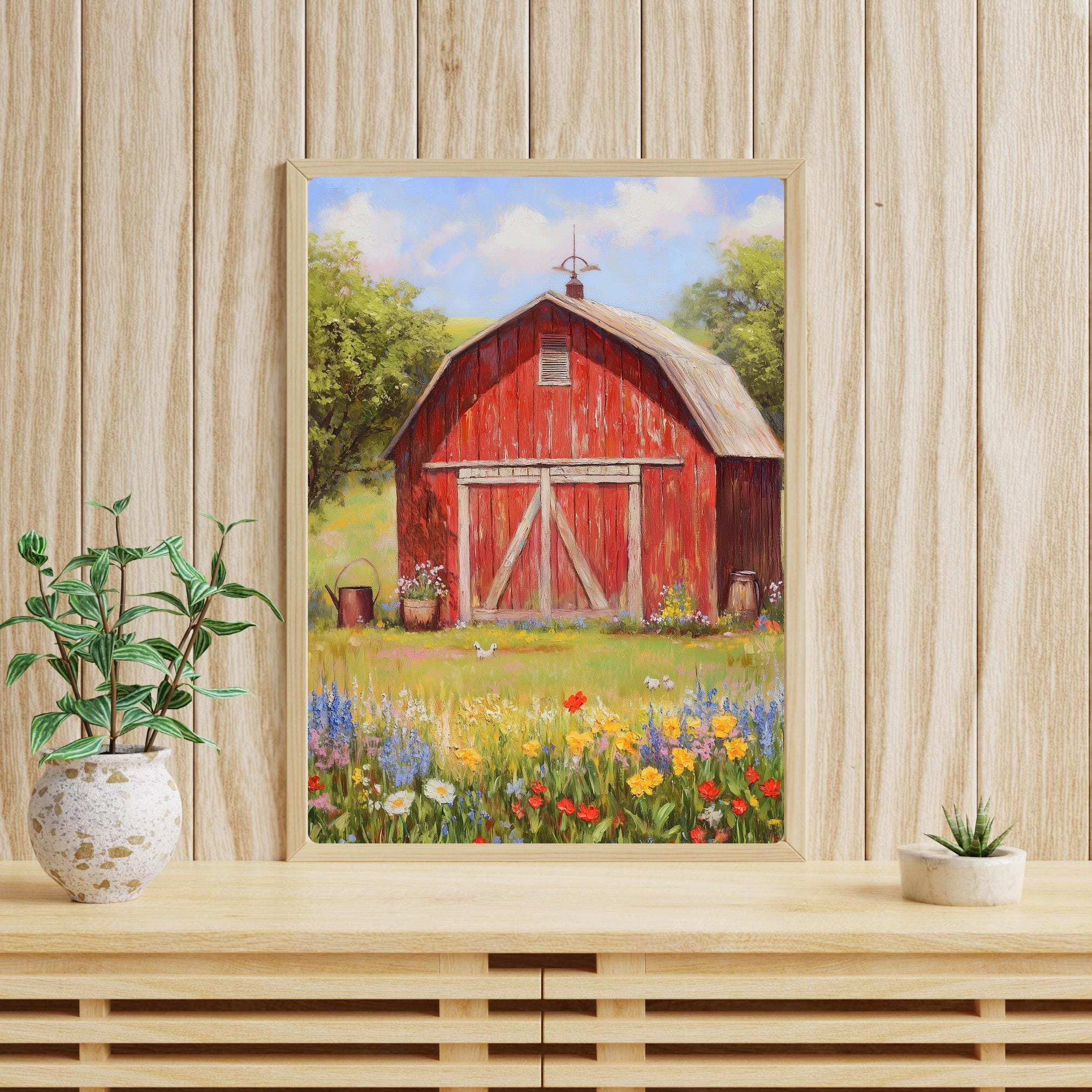 Red Barn Spring Art Print: Rustic Farmhouse Wildflower Field - Etsy