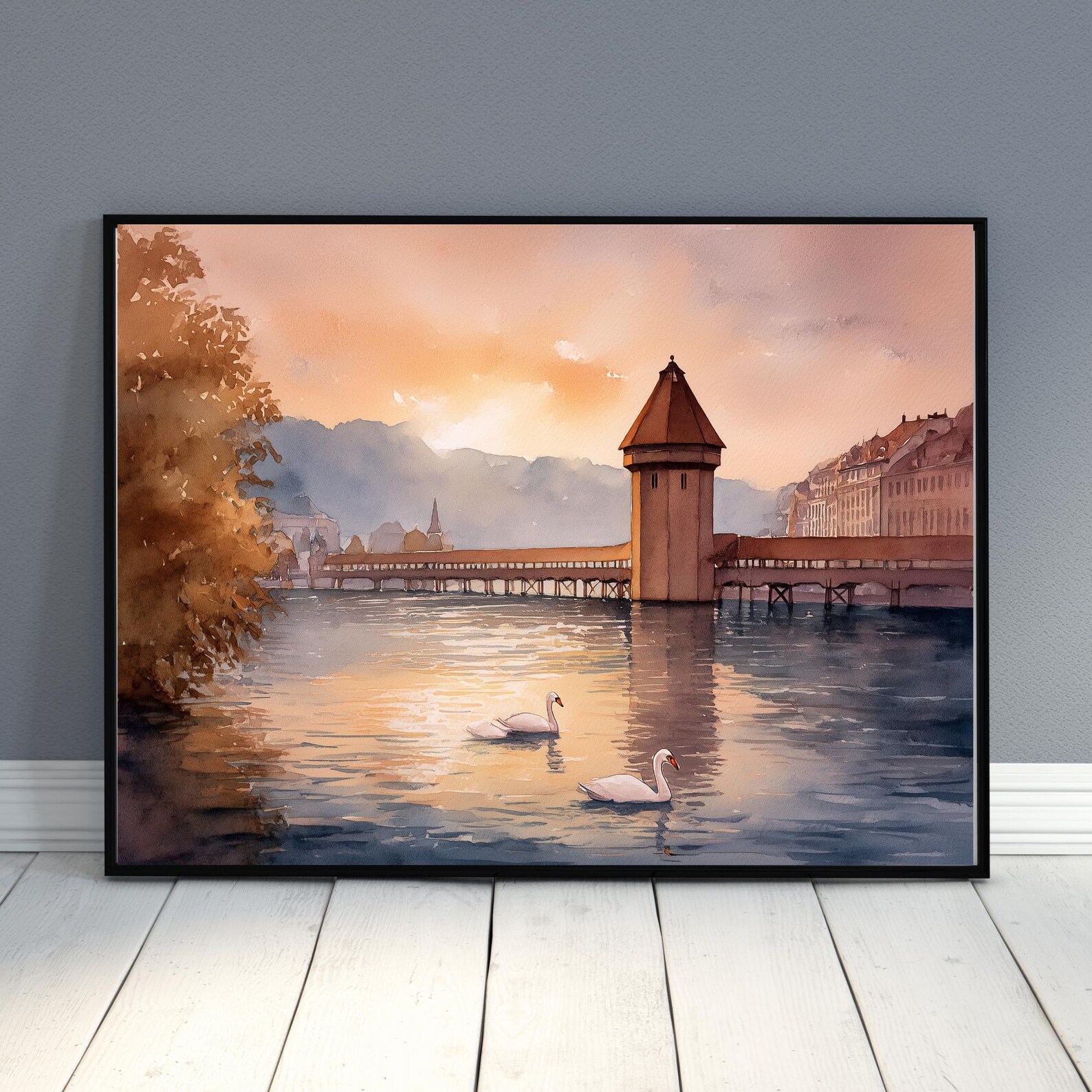 Lucerne Chapel Bridge Print: Golden Hour Swan Painting - Etsy
