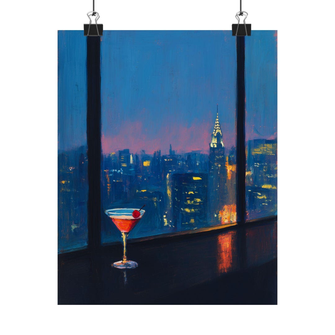 Manhattan Cocktail NYC Skyline Print | Dusk Window View Gouache Art ...