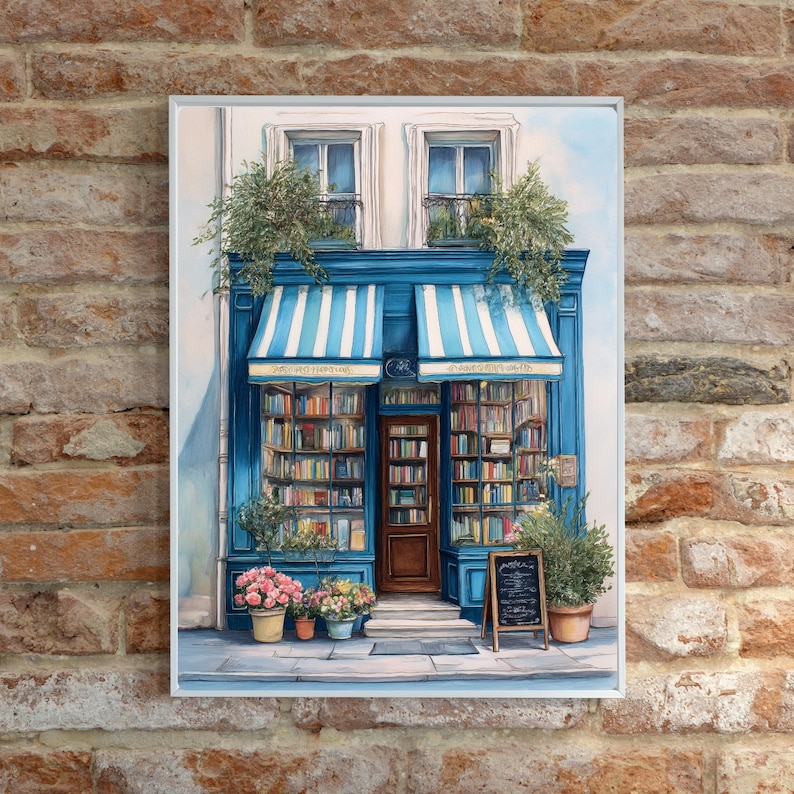 French Bookstore Art Print: Parisian Street Scene, Blue Awning - Etsy