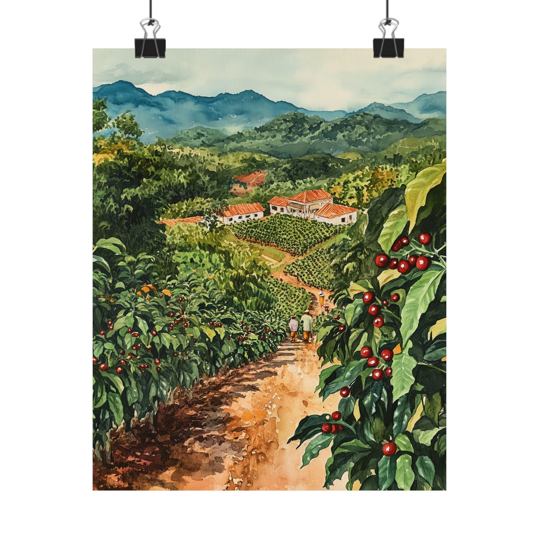 Guatemalan Coffee Plantation Art Print: Mountain Landscape Watercolor ...