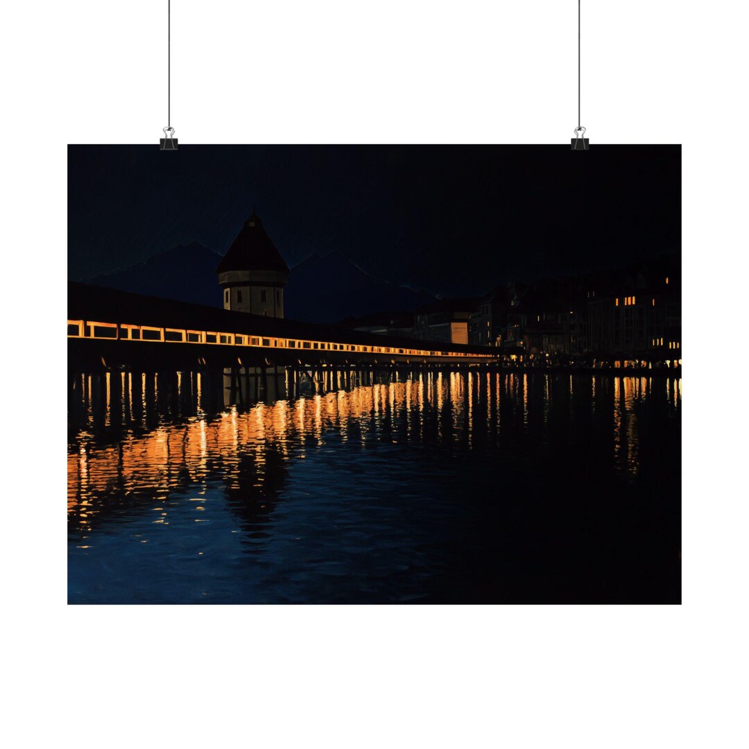 Lucerne Chapel Bridge Print: Night Reflections Painting - Etsy