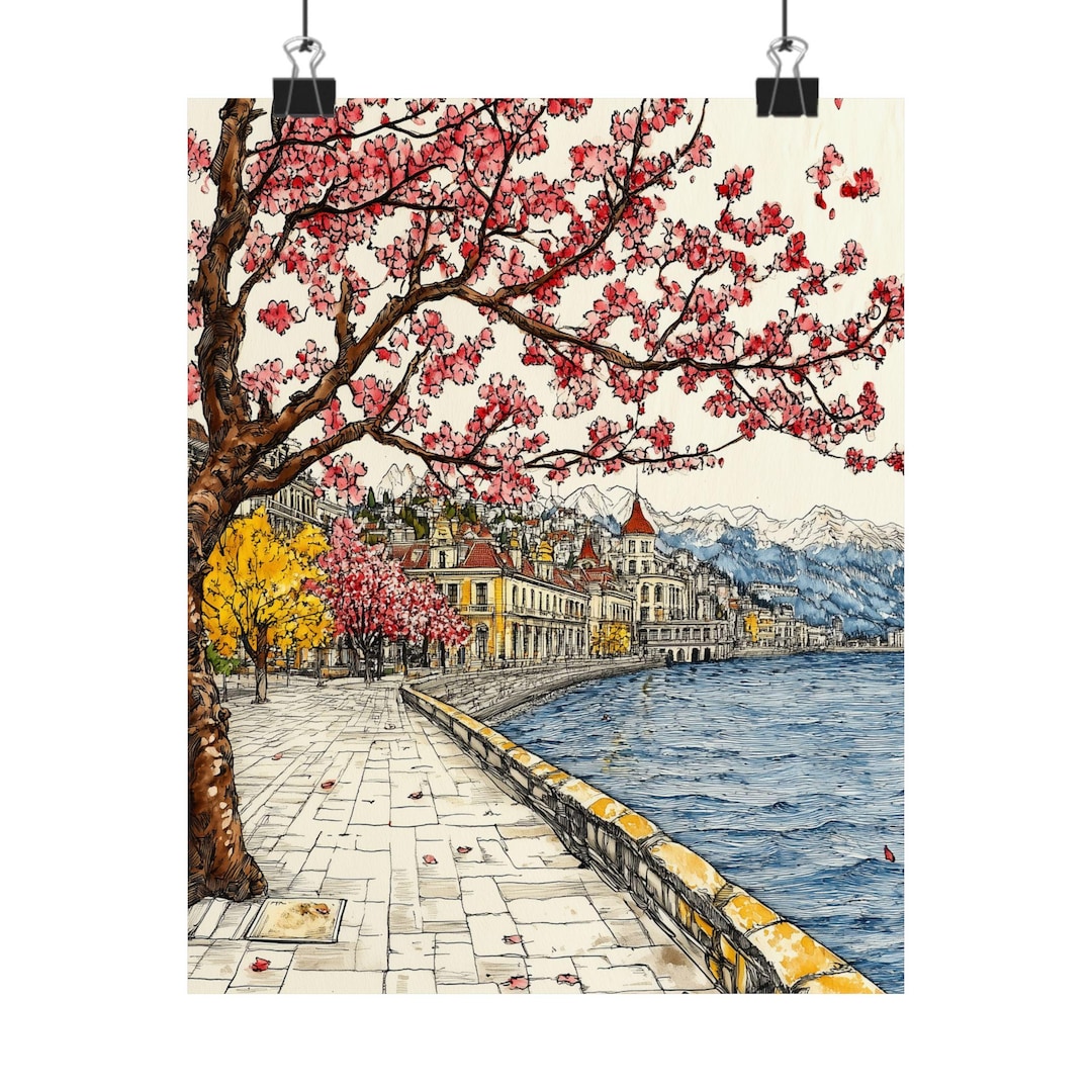 Lake Geneva Spring Cherry Blossoms Watercolor Print, Montreux Promenade ...