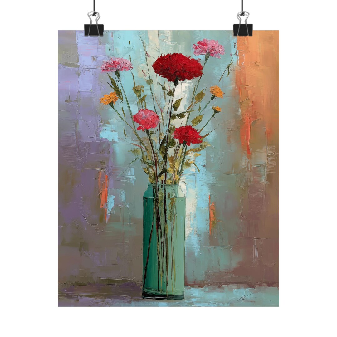 Carnations in Green Vase Art Print: Modern Floral Still Life, Abstract ...