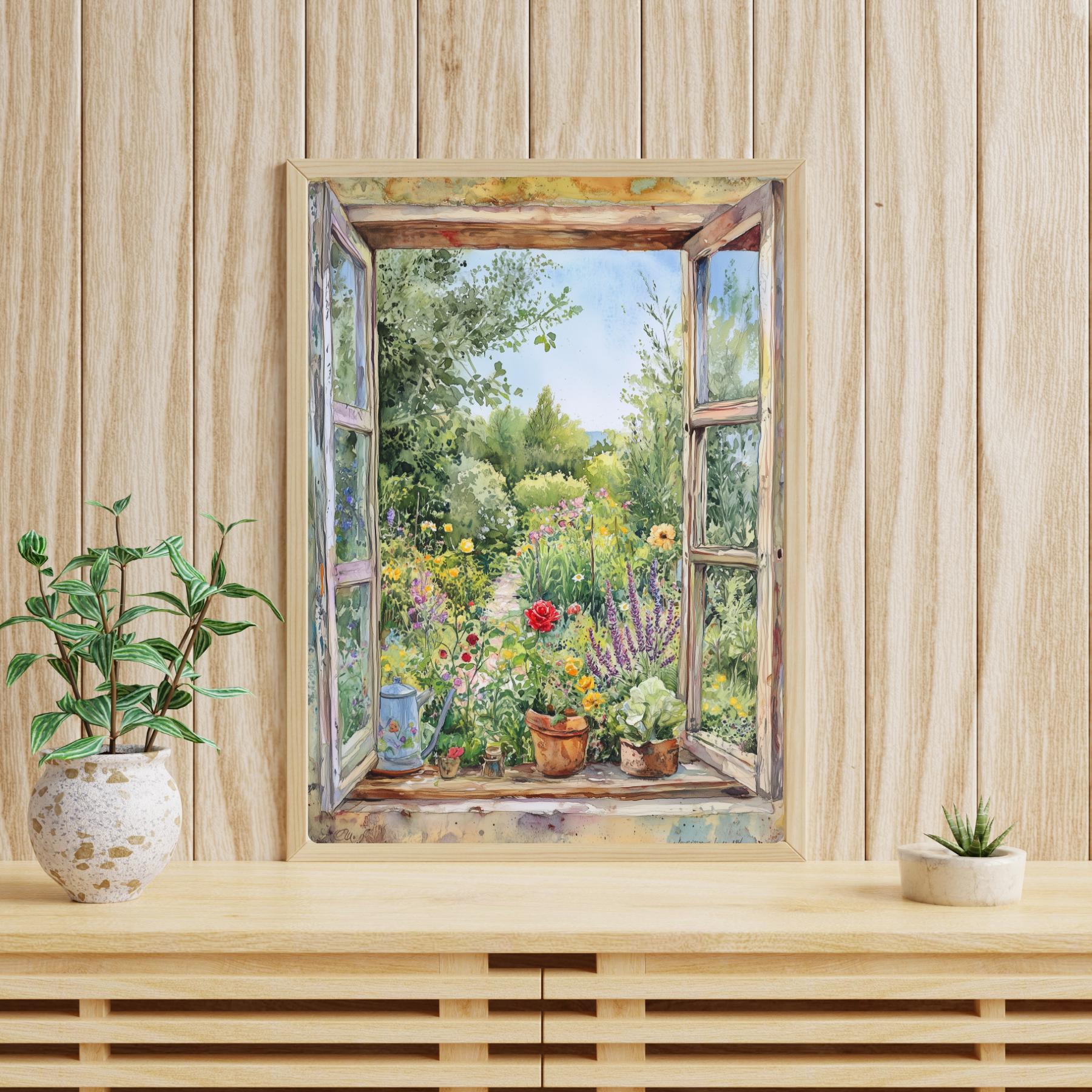 Cottage Garden Window View Art Print: Floral Window Landscape Painting ...