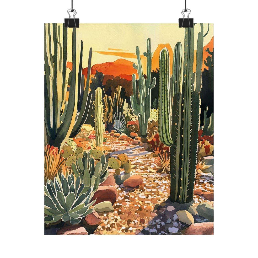 Cactus Garden Art Print: Desert Sunset Gouache Landscape - Etsy